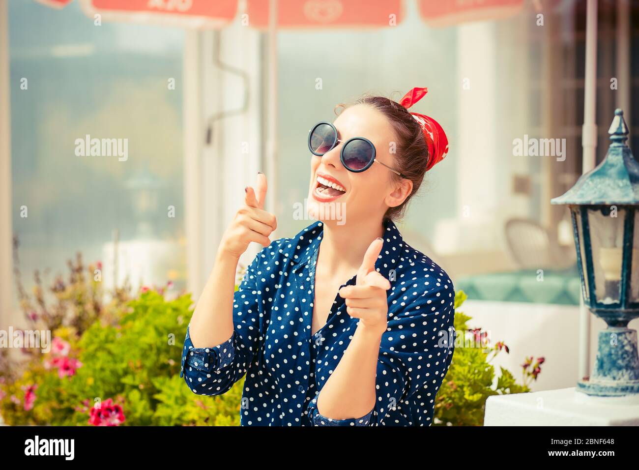 Hey you! Woman pointing at camera, point index finger gesture isolated ...