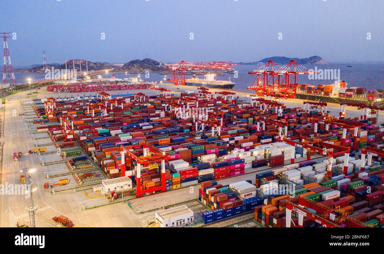An aerial view of containers piled up at Yangshan Port, a deep water ...