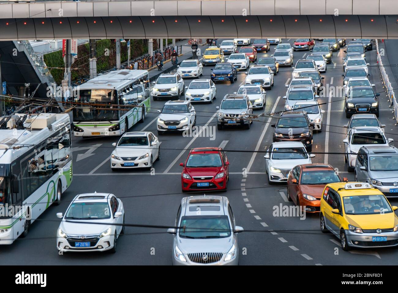 --FILE--An aerial view of vehicles queueing and moving slowing because ...