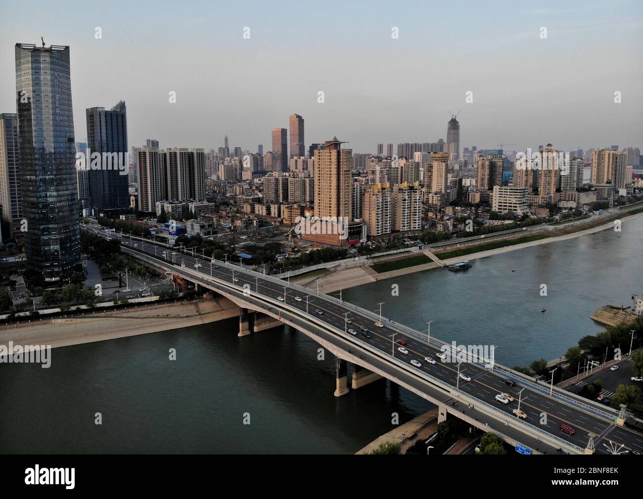 An aerial view of buildings erecting at the downtown area along the ...