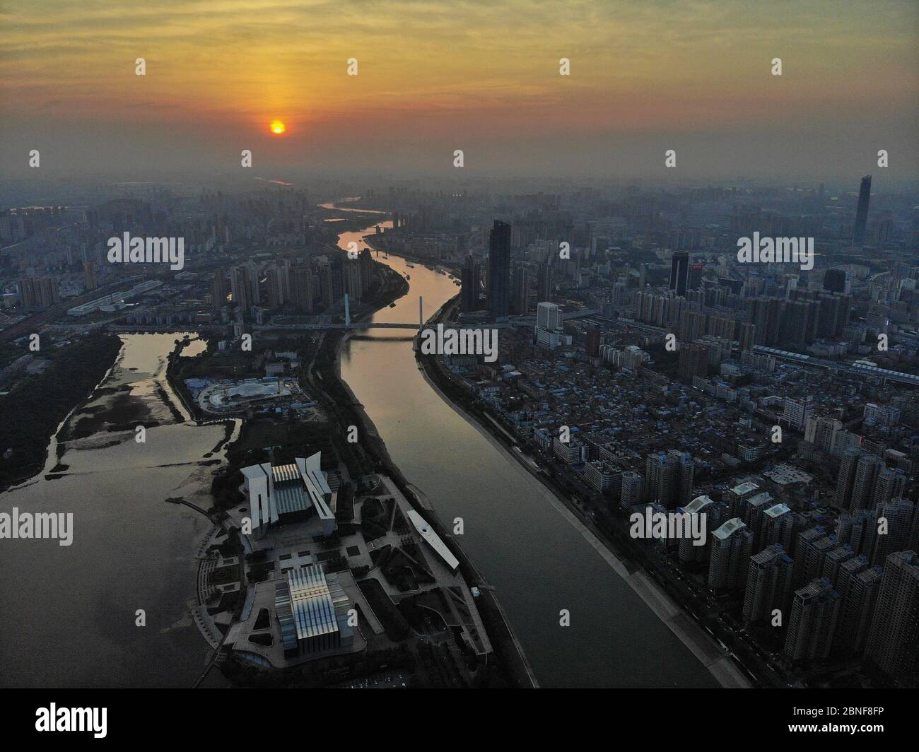 An aerial view of buildings erecting at the downtown area along the ...