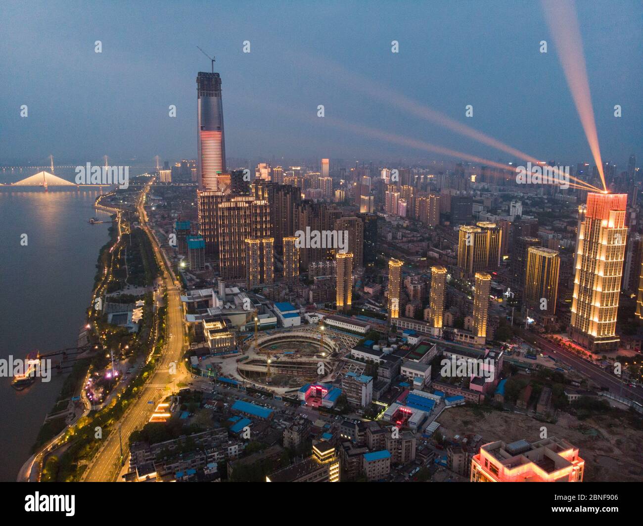 An aerial view of buildings erecting at the downtown area along the ...