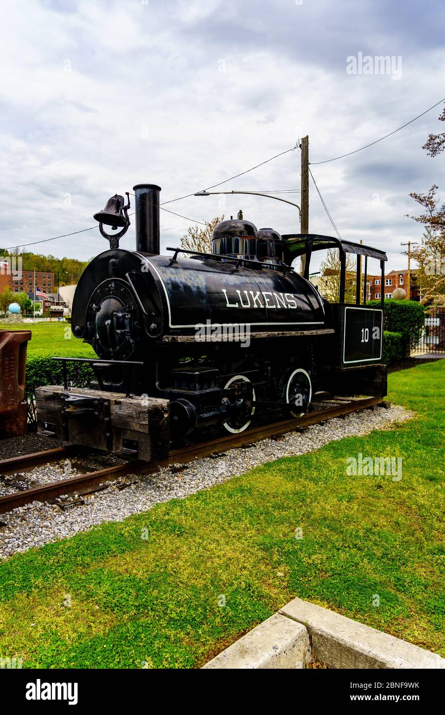 Coatesville, PA / USA - May 3, 2020: A small steam powered locomotive ...