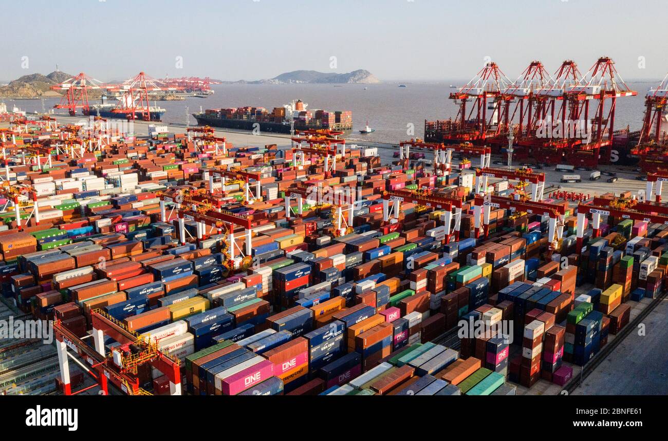 An aerial view of containers piled up at Yangshan Port, a deep water ...