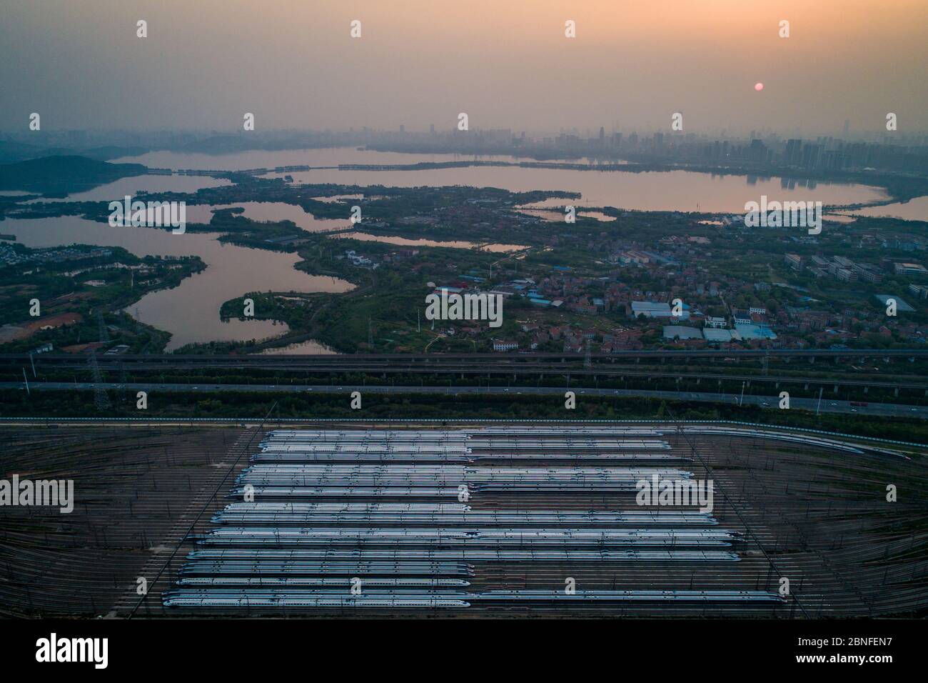 Aerial view of Hundreds of high-speed trains standing in line at Wuhan ...