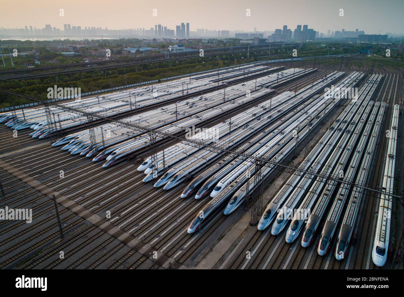 Aerial view of Hundreds of high-speed trains standing in line at Wuhan ...
