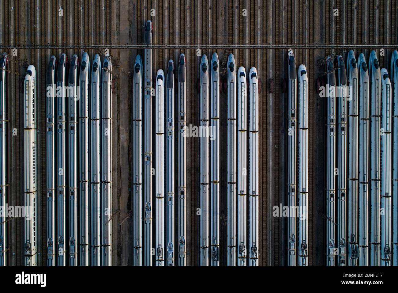 Aerial view of Hundreds of high-speed trains standing in line at Wuhan ...