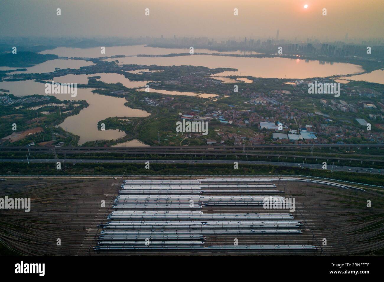 Aerial view of Hundreds of high-speed trains standing in line at Wuhan ...