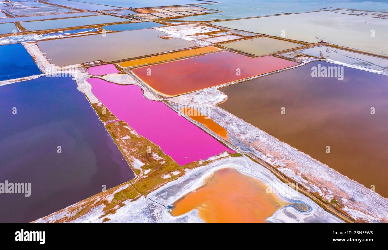 An aerial view of salt lakes which is loaded with salt-tolerant algae ...