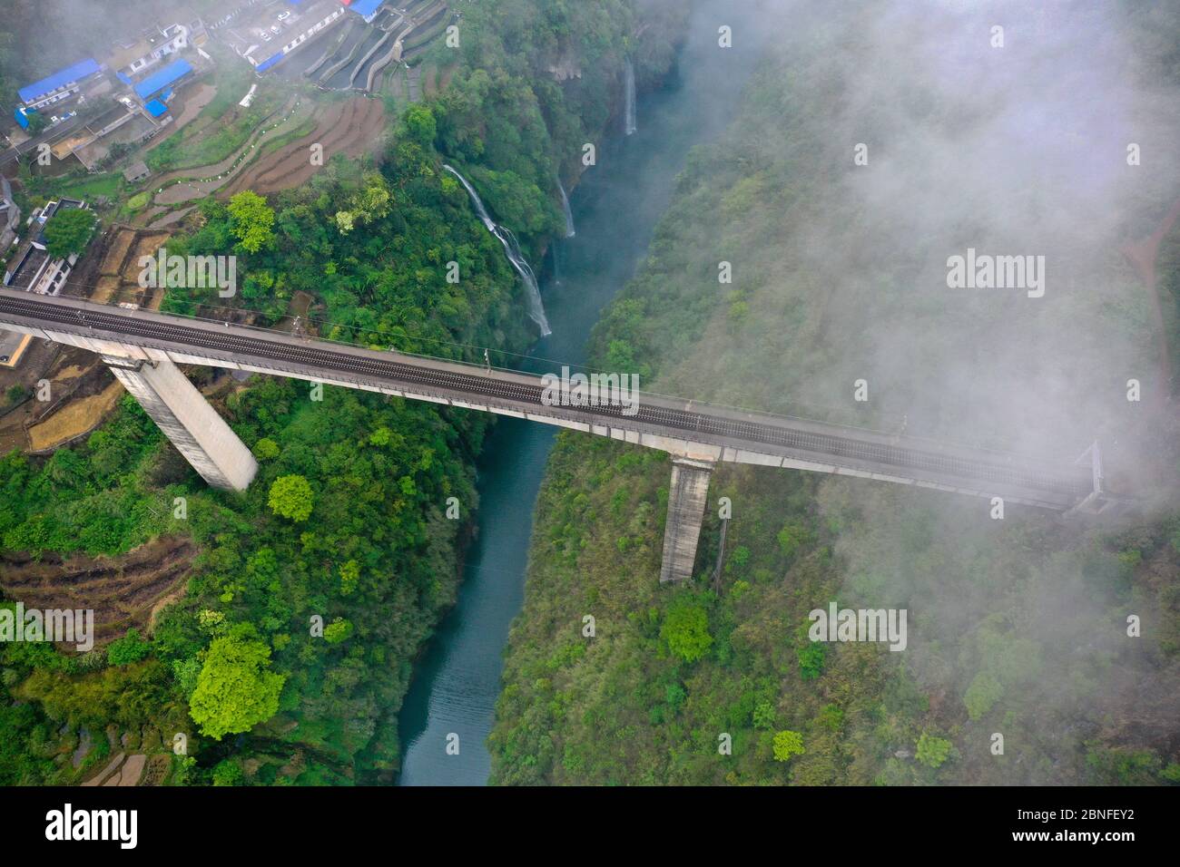 Aerial photo shows the Qingshui River suspension bridge along Nankun ...