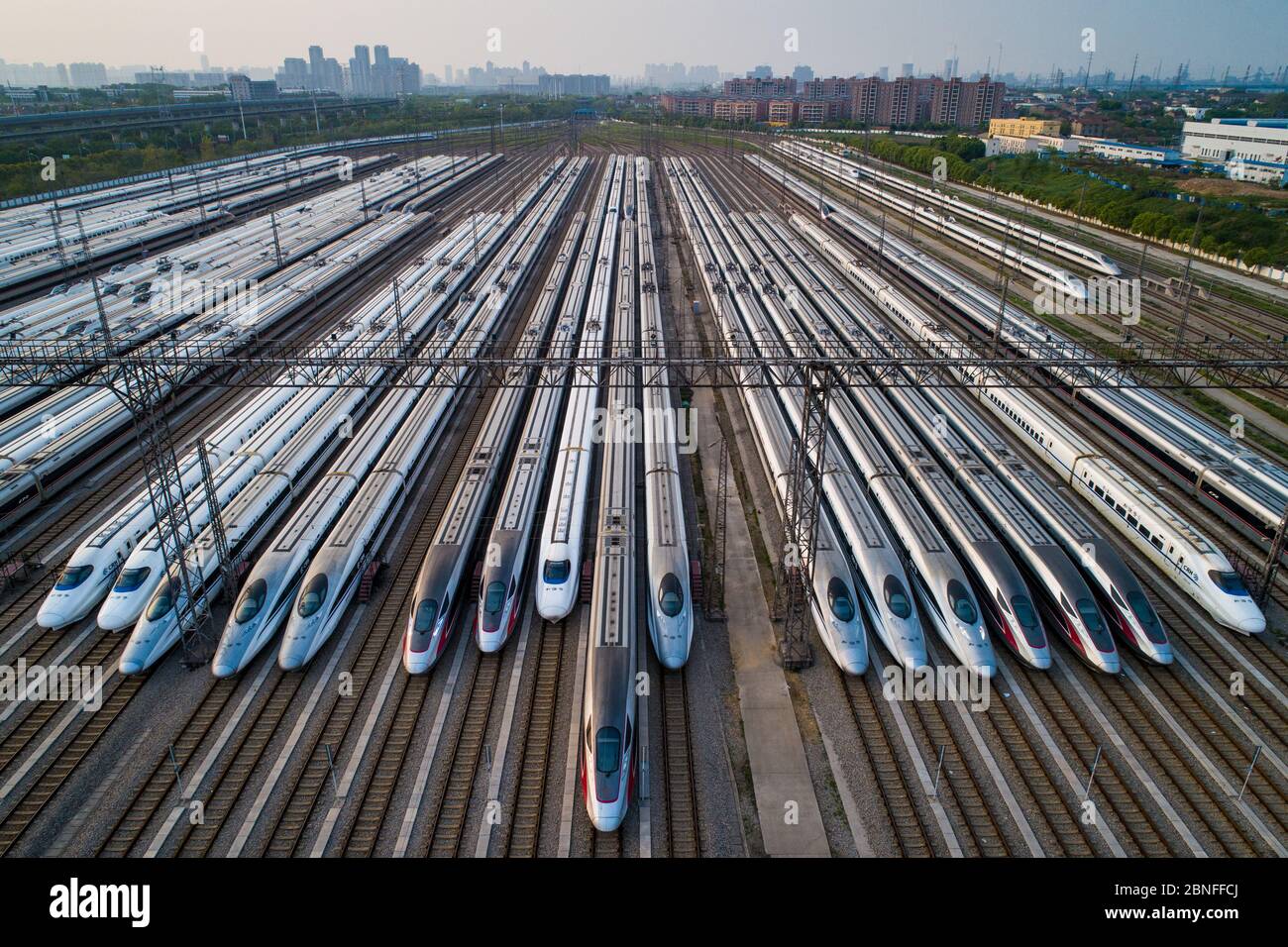 Aerial view of Hundreds of high-speed trains standing in line at Wuhan ...