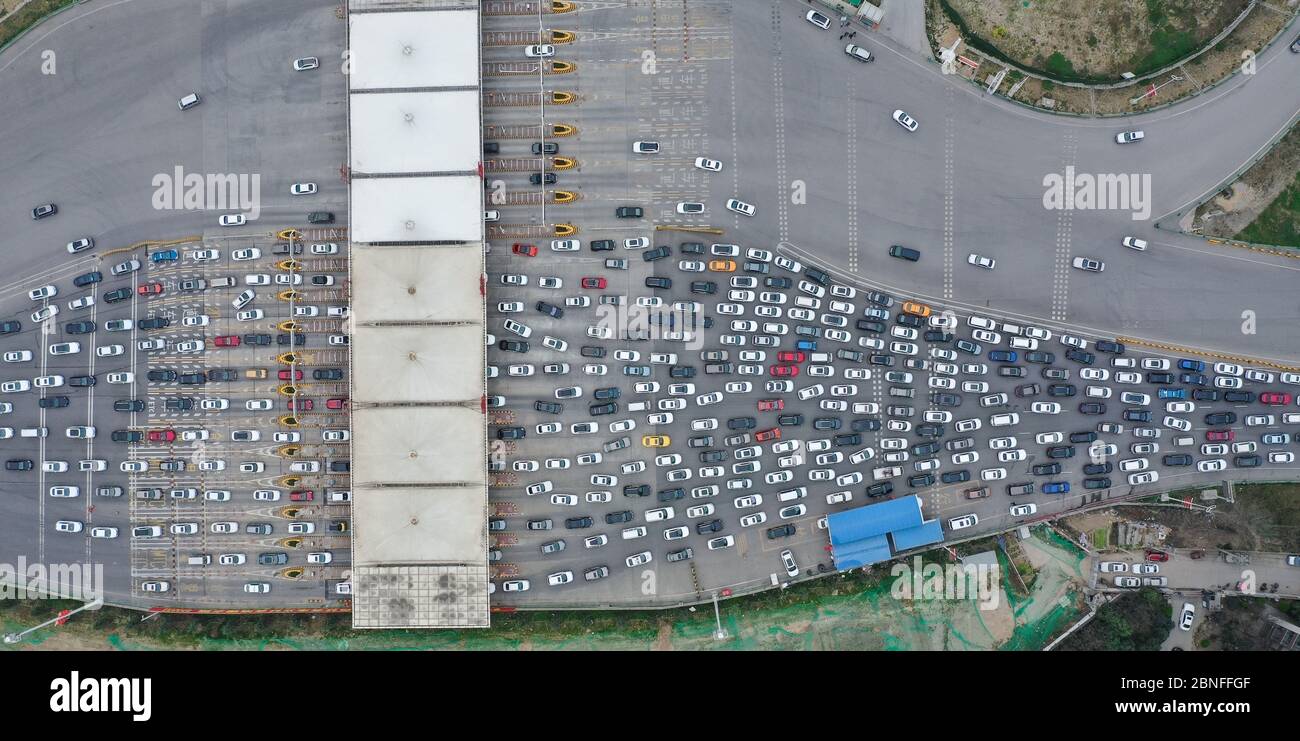 An aerial view of traffic jam on an exit of the expressway during ...