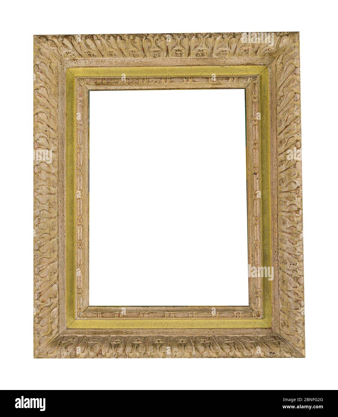 Simple wooden frame with golden borders under the lights isolated on a ...