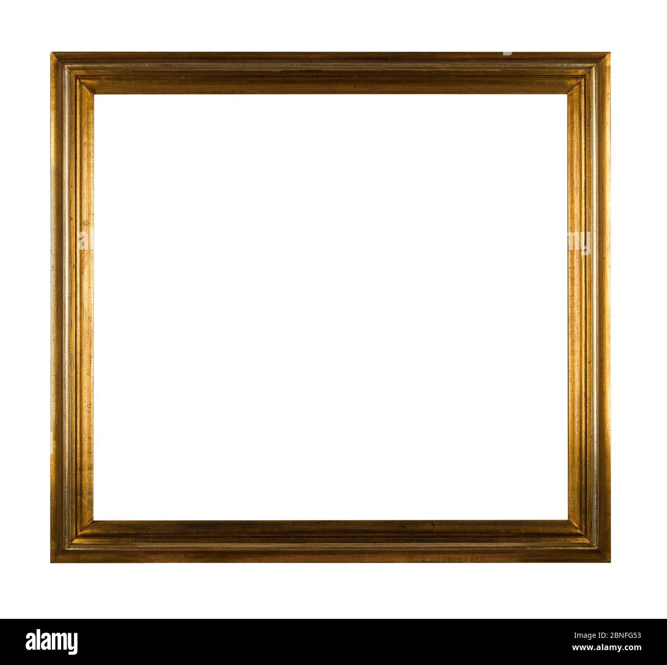 Simple wooden frame with golden borders under the lights isolated on a ...