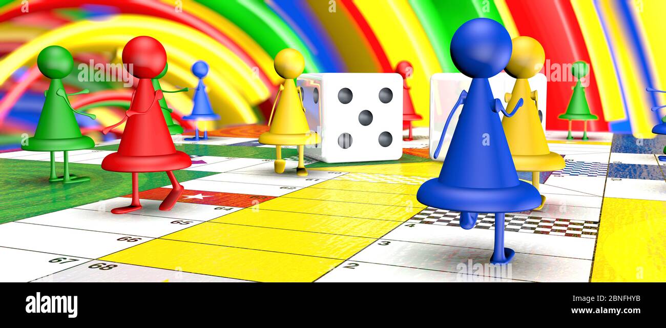 Close up view of fantasy red, blue, yellow and green board game chips ...