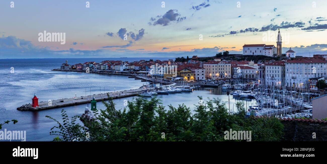 Aerial panoramic view of Port Piran at sunset Stock Photo - Alamy