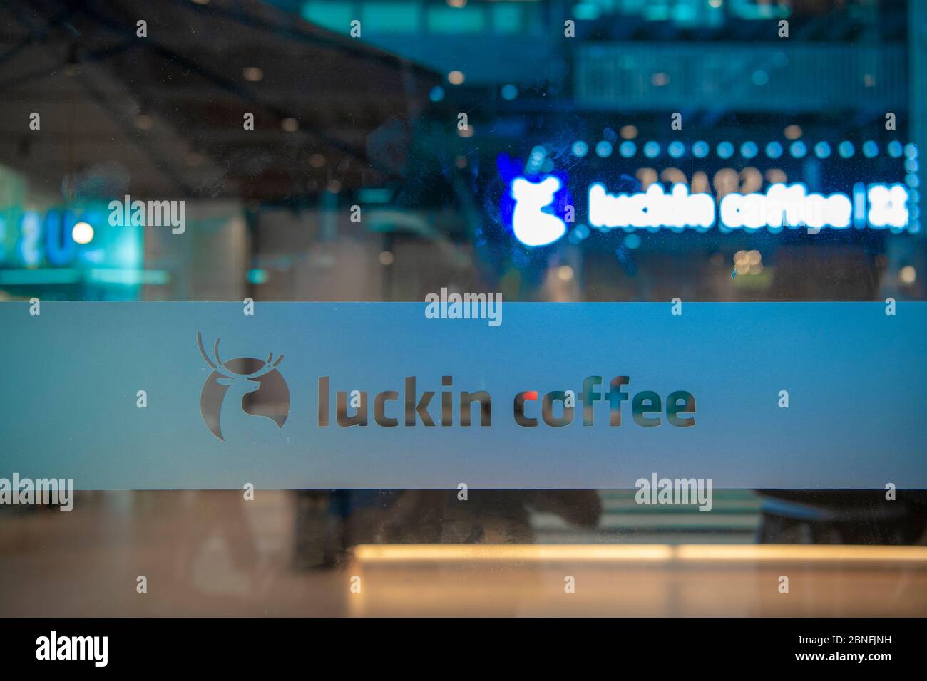 --FILE--The logo of Luckin Coffee is shown at a café of its own in ...