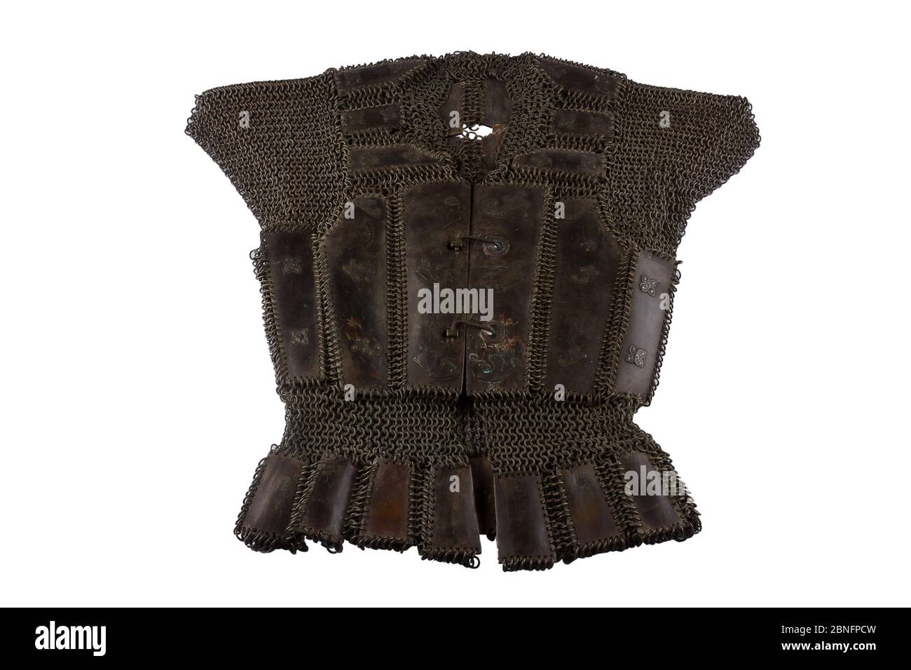 Closeup shot of a vintage chainmail with leather isolated on a white ...