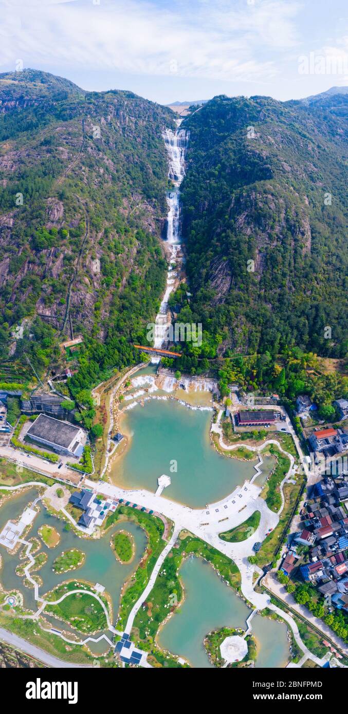 An aerial view of the Waterfall of Tiantai Mountain, which is praised ...