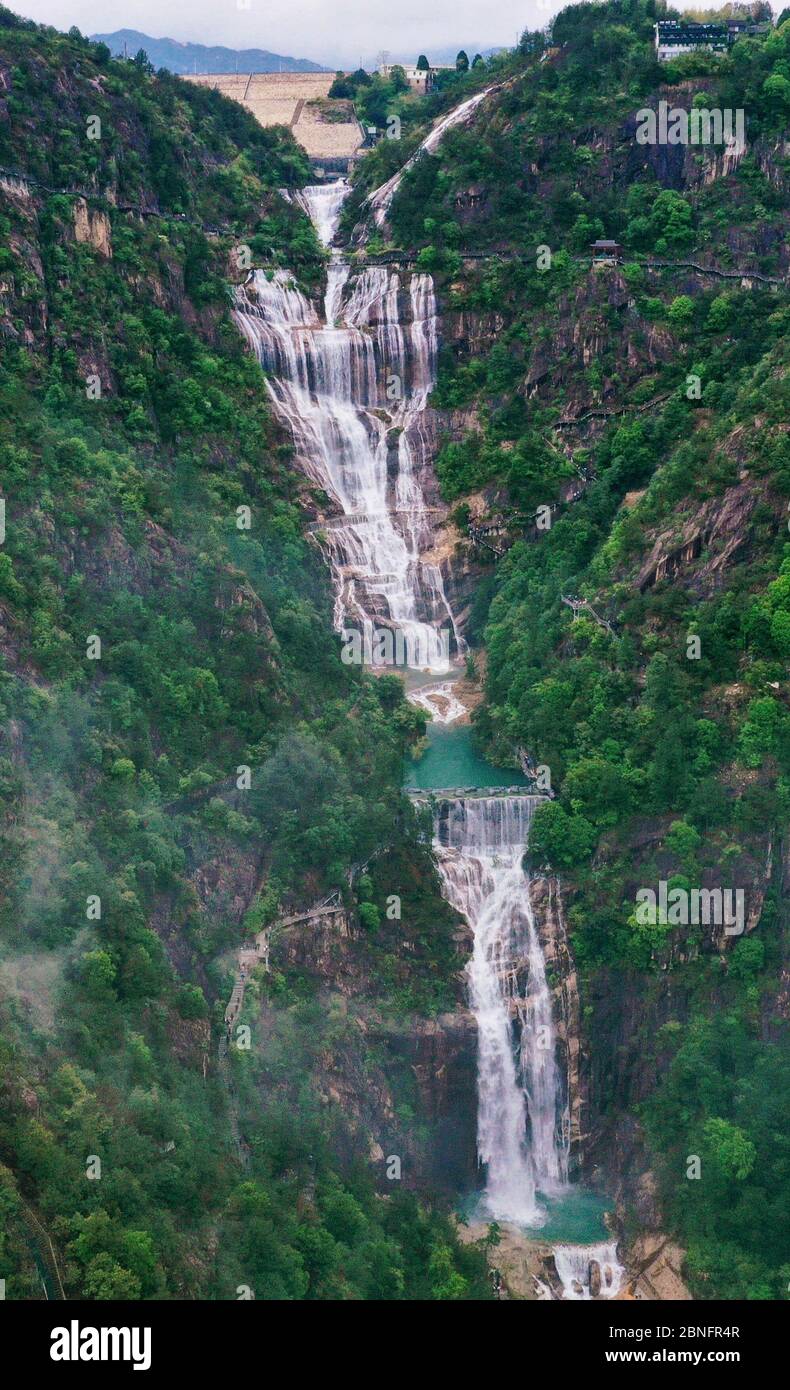 An aerial view of the Waterfall of Tiantai Mountain, which is praised ...