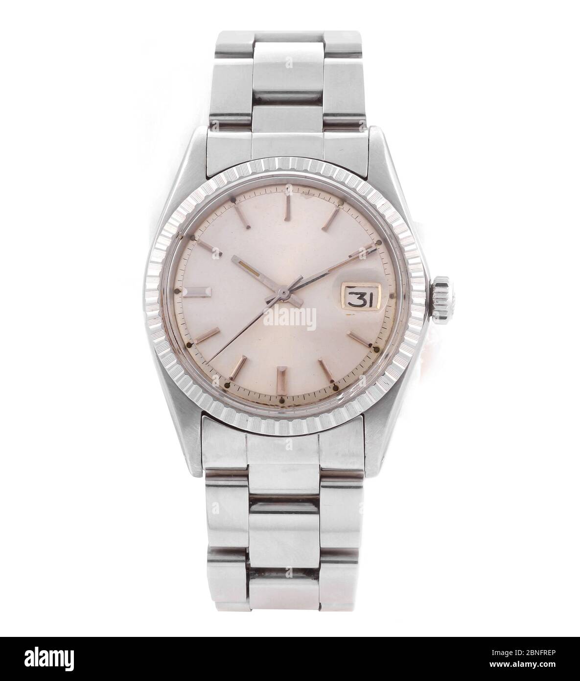 Elegant watch with a silver chain under the lights isolated on a white ...