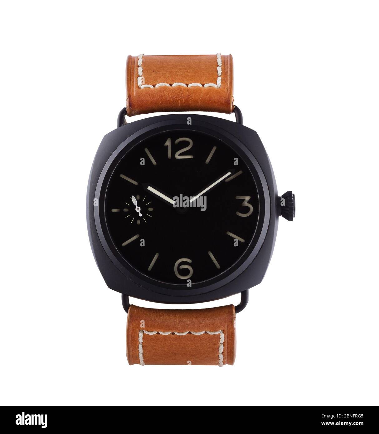 Closeup of a black watch with a leather band under the lights isolated ...
