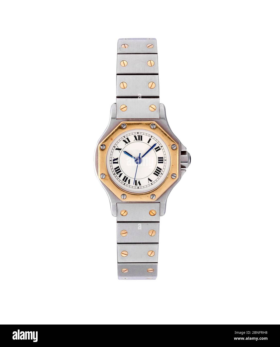 Elegant watch with a silver and golden chain under the lights isolated ...
