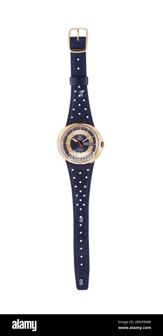 Modern watch with a blue leather band under the lights isolated on a ...
