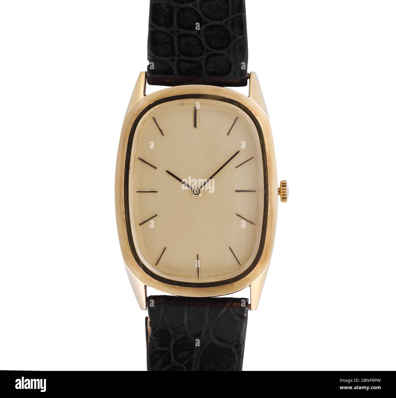 Closeup shot of a stylish black golden watch on a white background ...