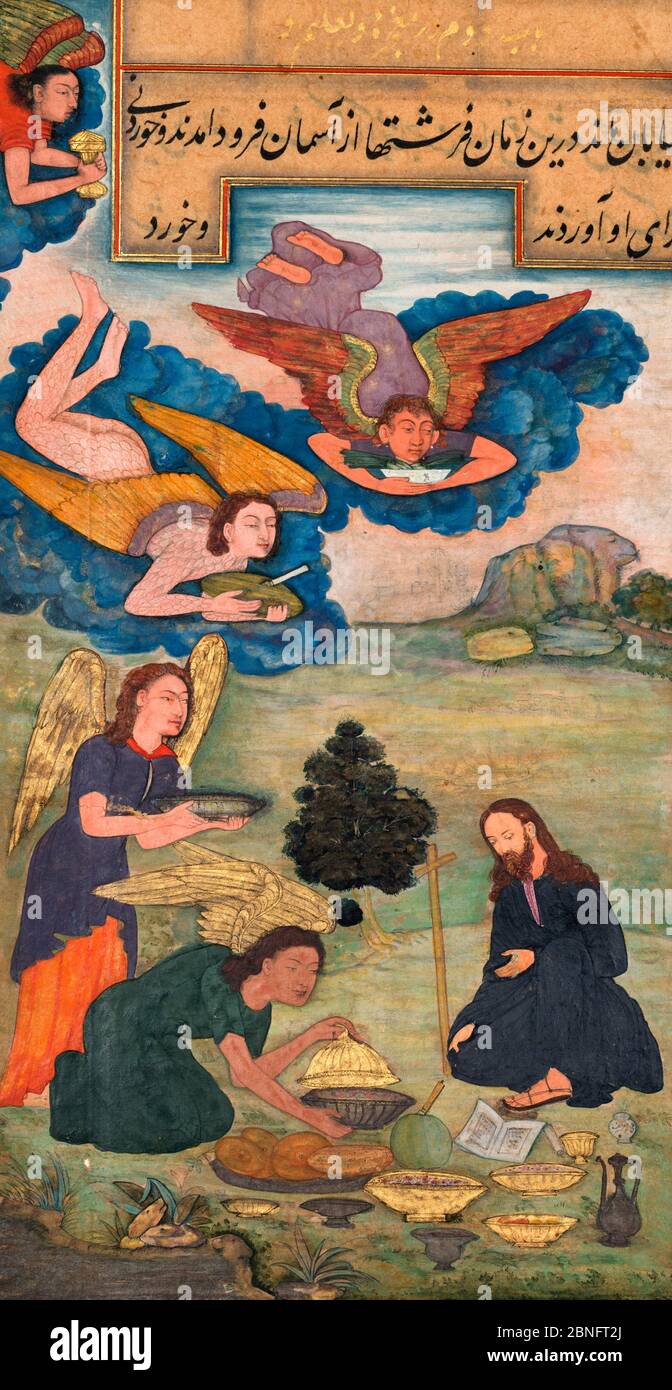 Angels bring food to Jesus in the wilderness, from a Mir’at al-quds of ...