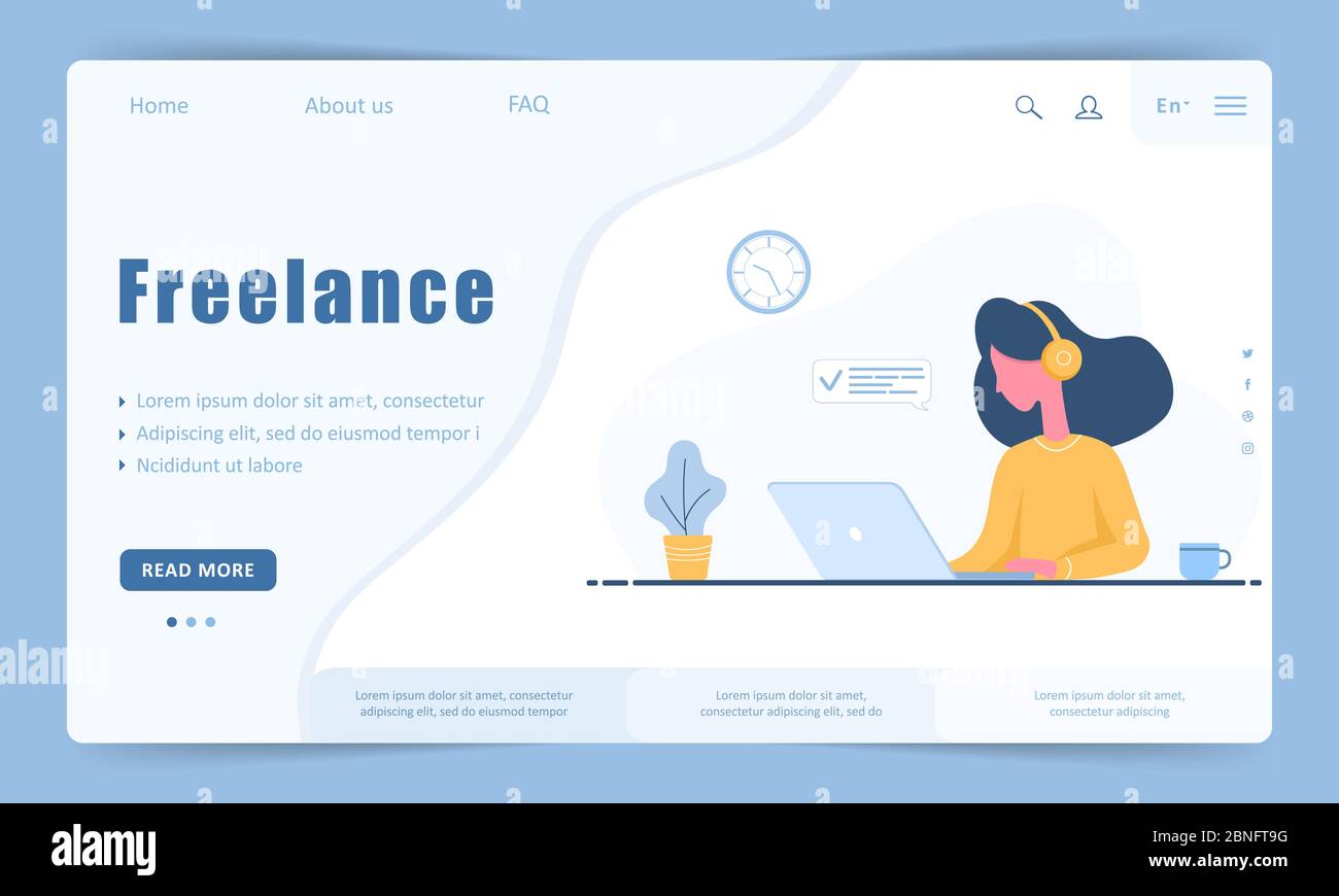 Womens freelance. Landing page template. Girl in headphones with a ...