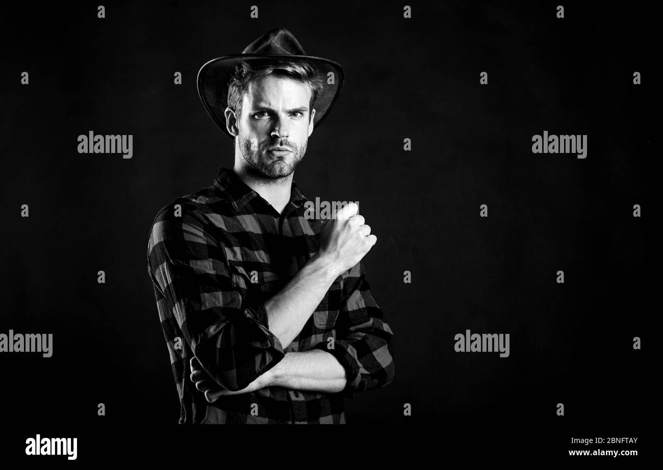 nostalgia. man checkered shirt on ranch. wild west rodeo. Handsome man ...