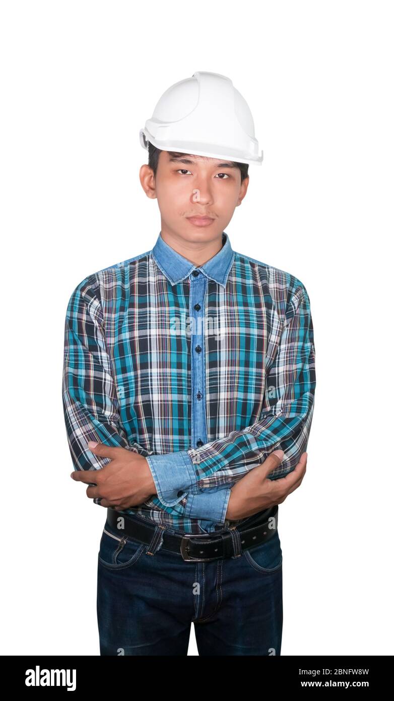 Engineering construction arm cross on chest and wear white safety ...