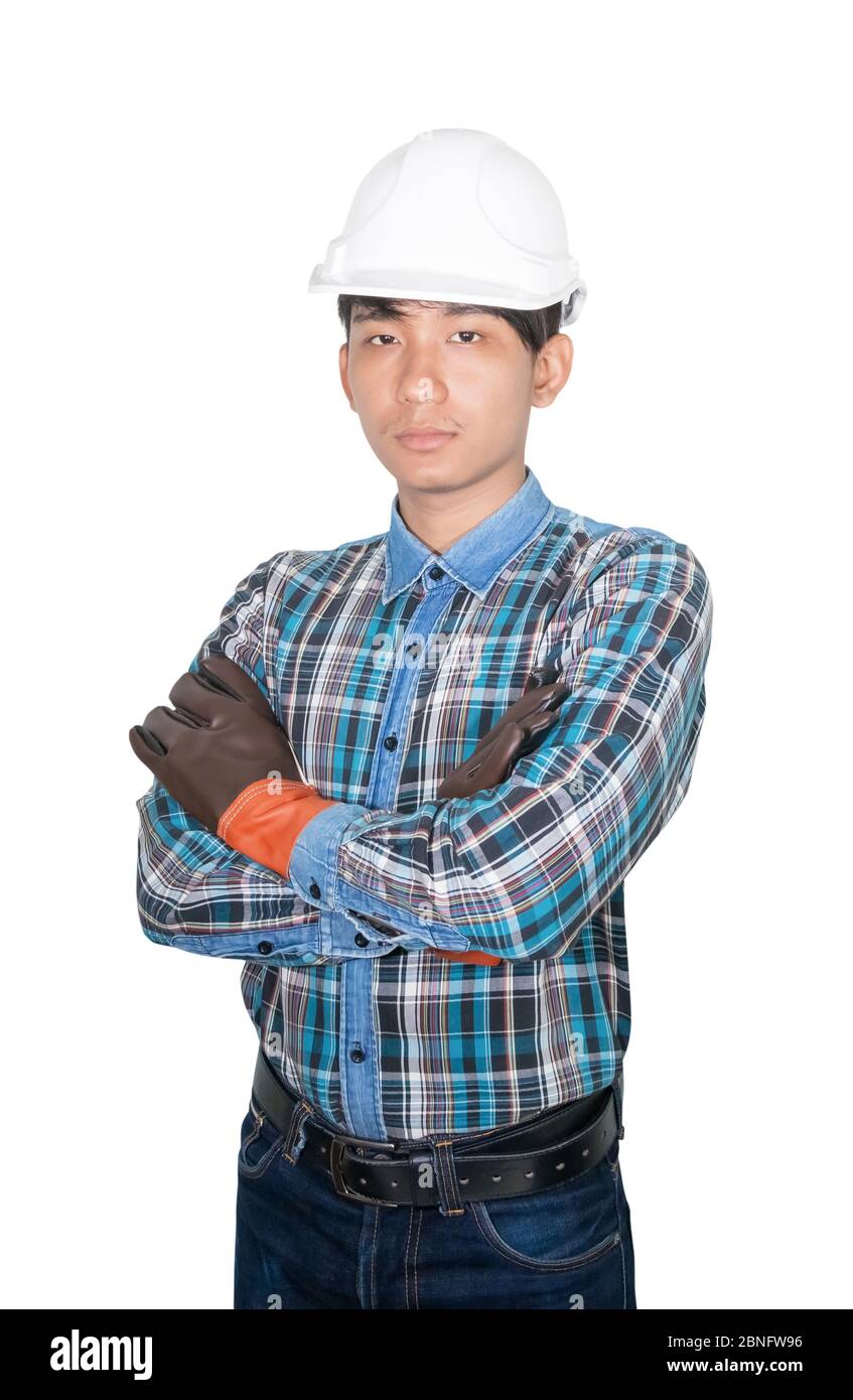 Engineering construction arm cross on chest and wear Leather gloves ...