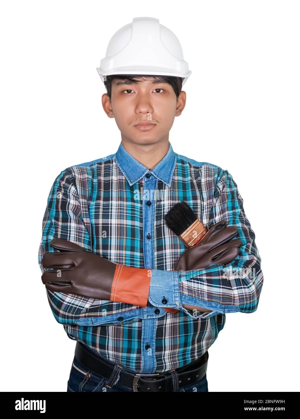 hand cross of engineer holding paint brush wear Striped shirt blue and ...