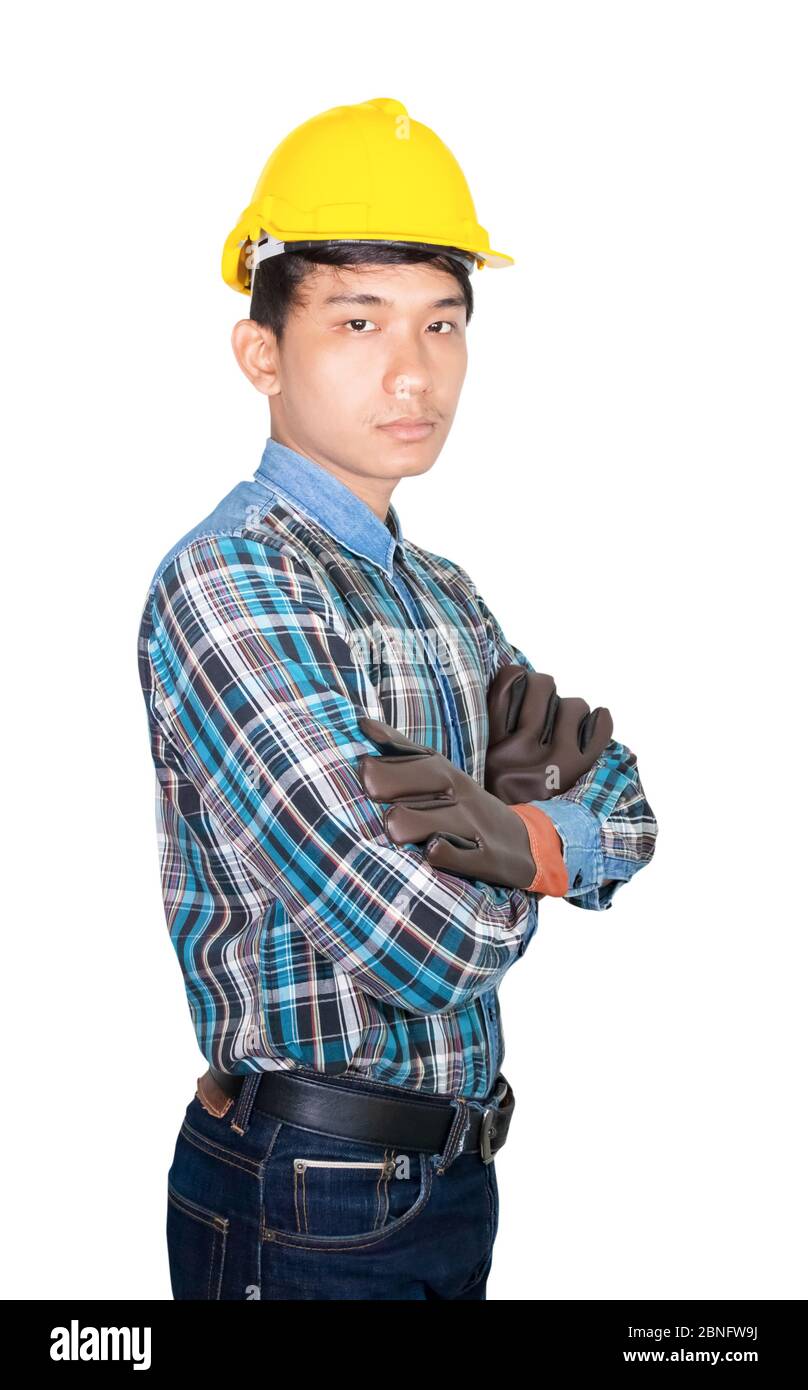 Engineering construction arm cross on chest and wear Leather gloves ...