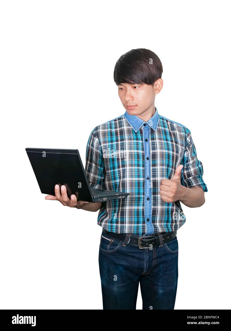 businessman confident young using computer laptop and raised hand thumb ...