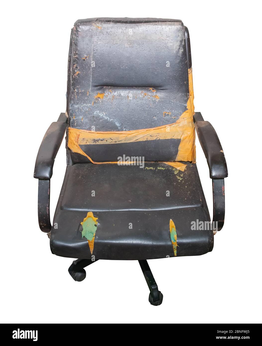 Black Office Chair old damage leather and dirty isolated on white ...