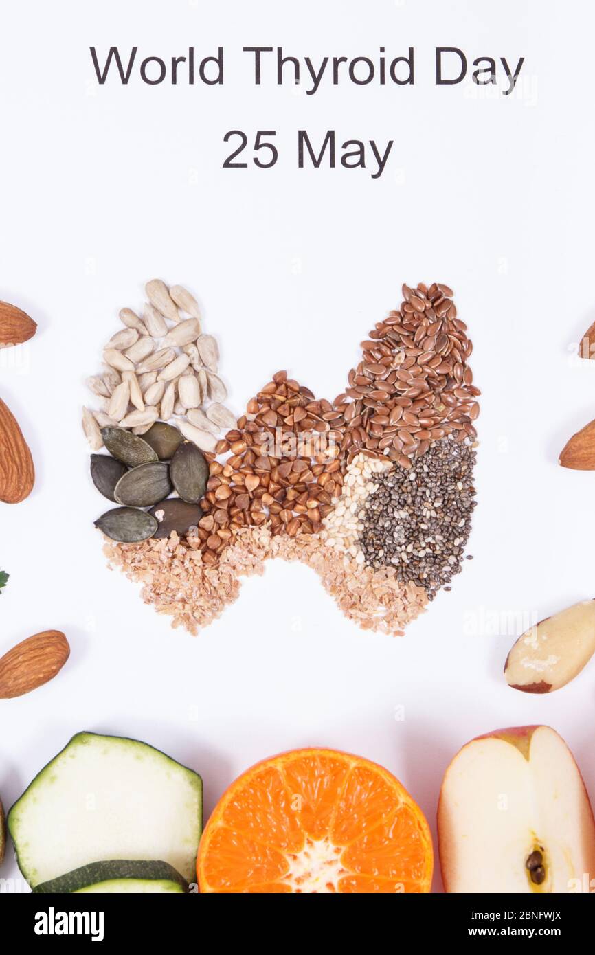 Fresh nutritious ingredients in shape of thyroid. Healthy food as ...