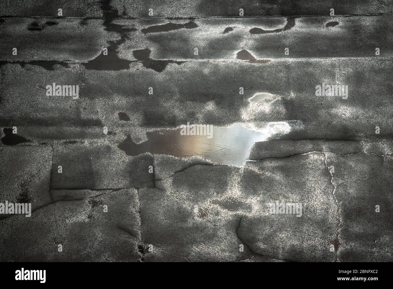 No people. Sky reflection in a puddle on the bad and cracked asphalt ...