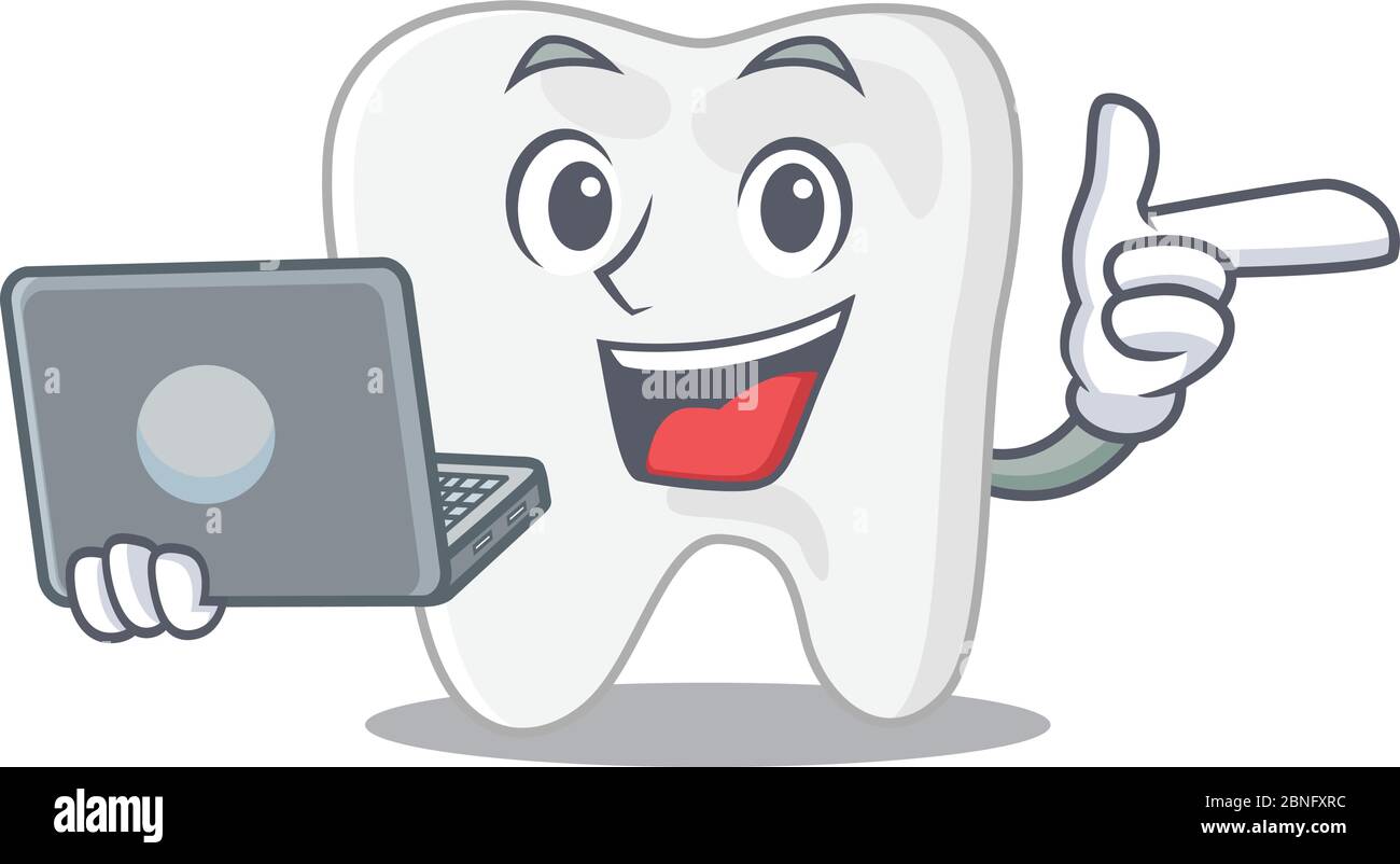 Smart cartoon character of tooth studying at home with a laptop Stock ...