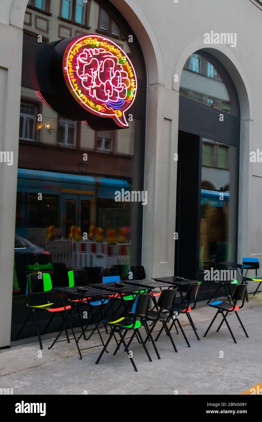 Chairs and tables of a cafe in Frankfurt, Germany Stock Photo - Alamy
