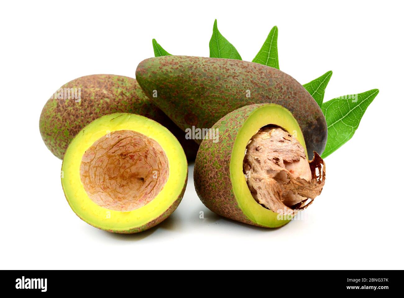 Fresh Avocados two whole and one halved isolated on white Stock Photo ...