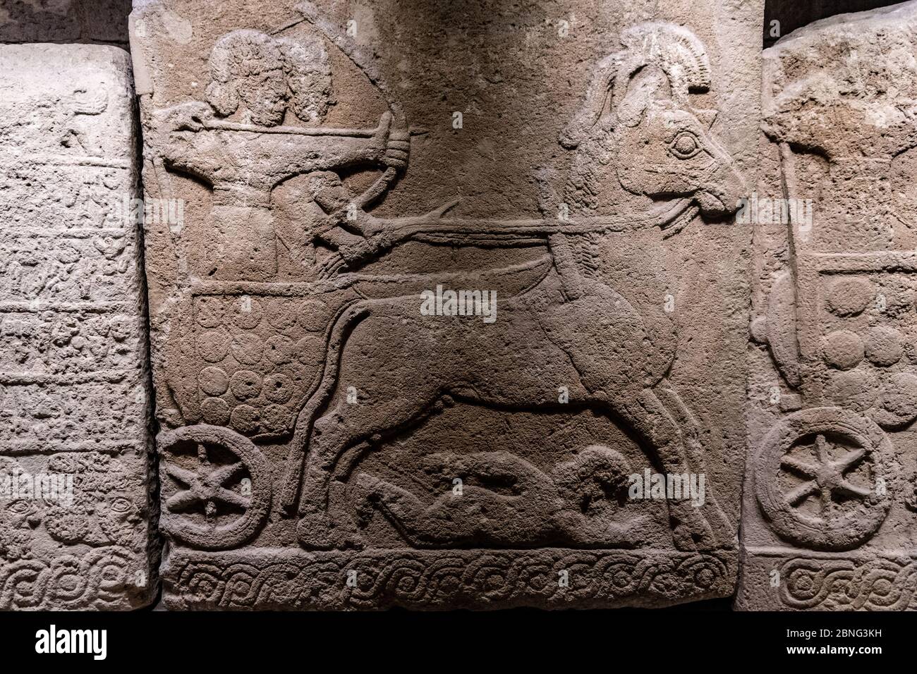 Beautiful shot of the old HIttite carved stone ancient human and animal ...