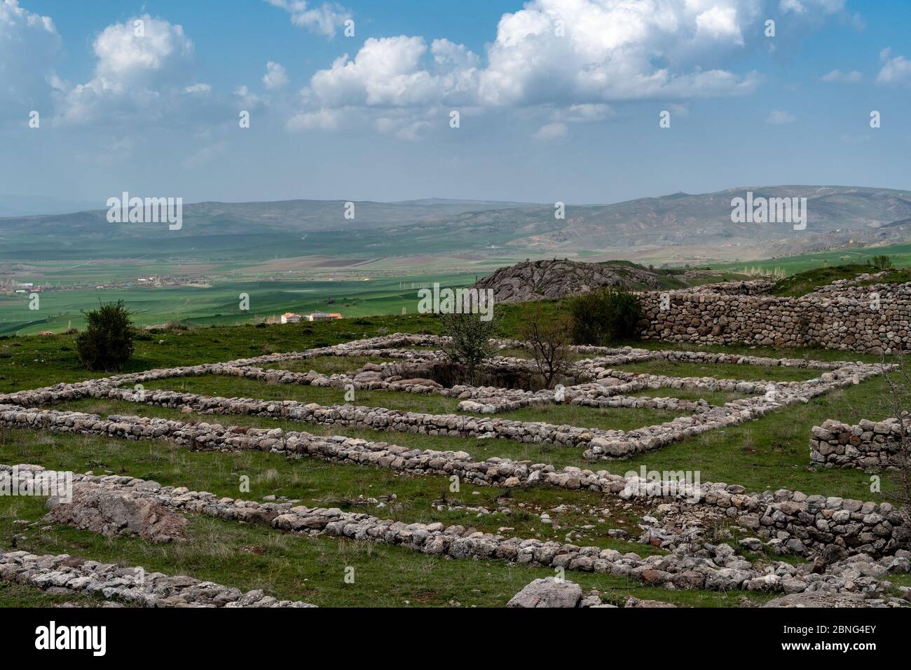 Shot of the ruins of old Hittite stone walls and archeological findings ...