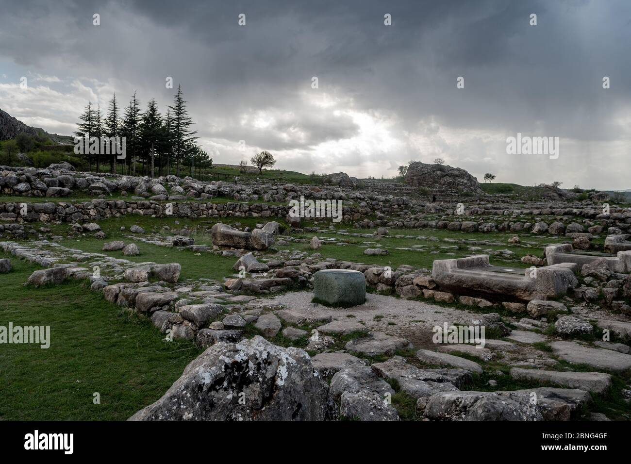 Shot of the ruins of old Hittite stone walls and archeological findings ...
