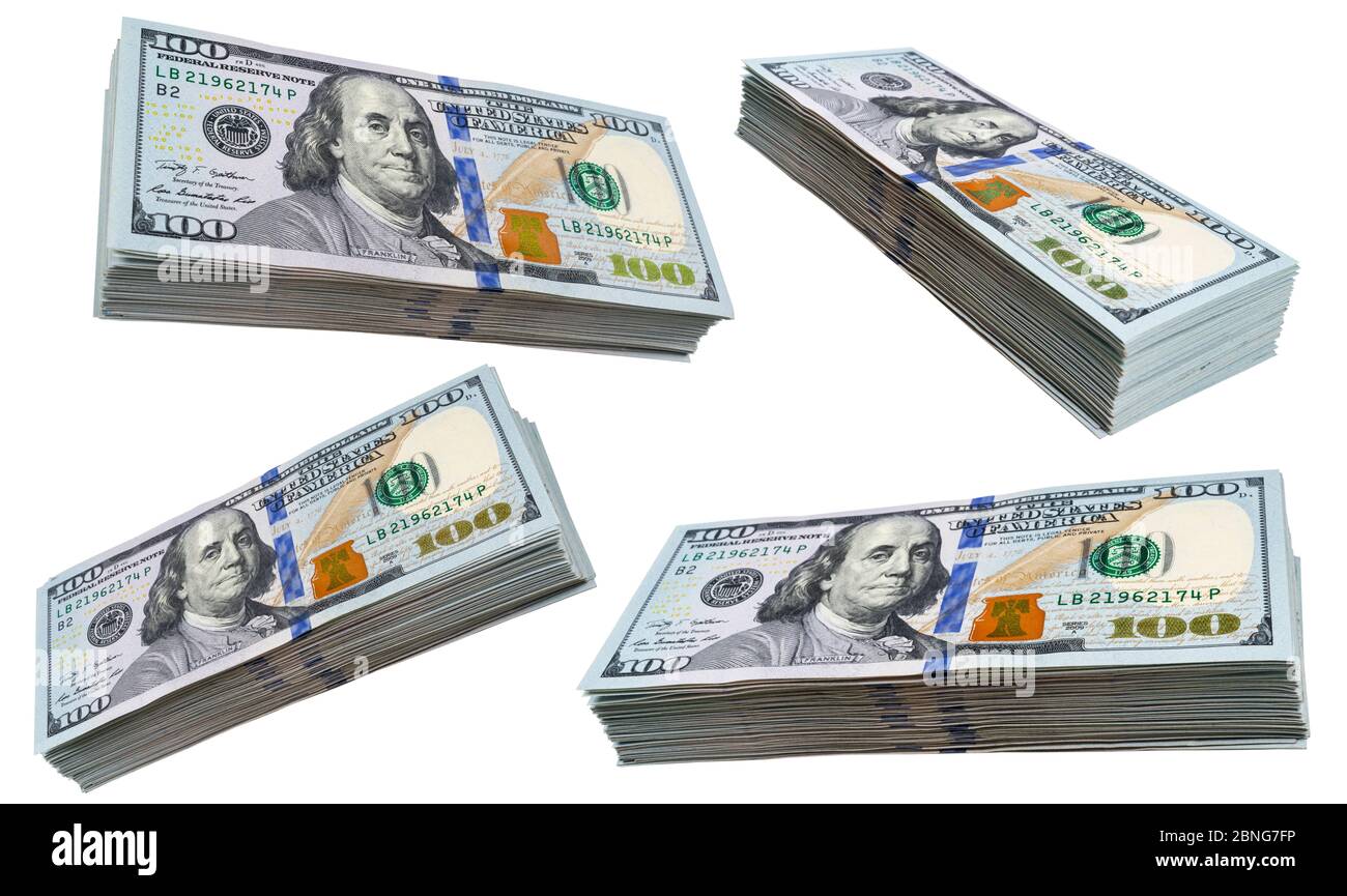 Stack of one hundred dollar bills isolated on white background. Stack ...