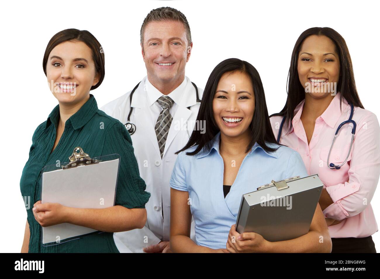 Diverse group of healthcare providers smiling isolated on white Stock ...