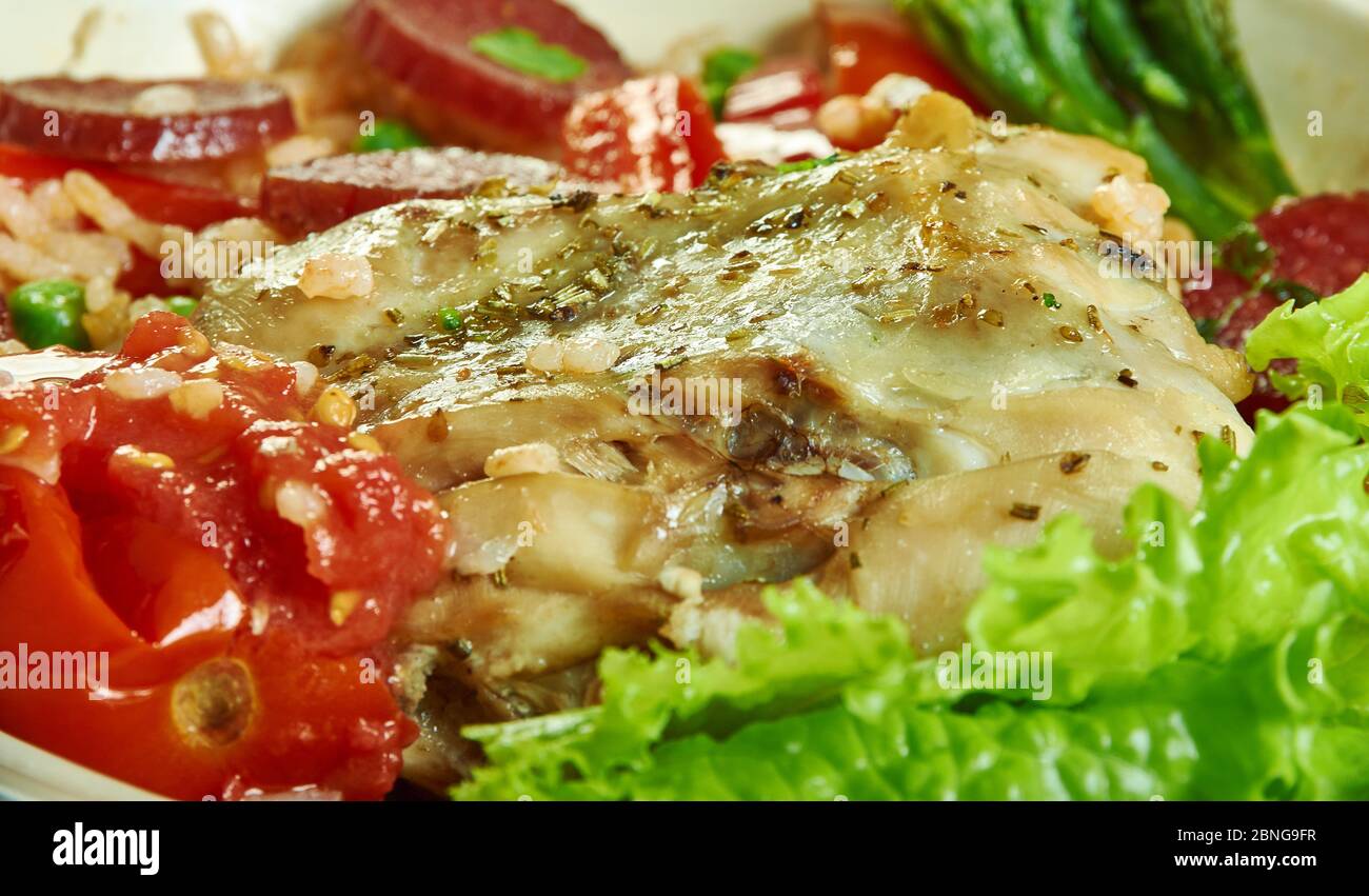 Baked rabbit chorizo rice, spiced with chorizo, paprika and saffron ...