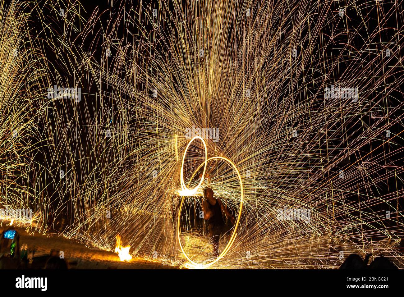 Group of fireworks in the sky. fire show, fire with exposure . Thailand ...